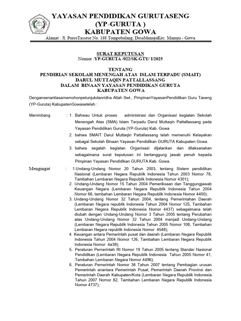 SK PENDIRIAN SMAIT TOMBOLOPAO | PDF