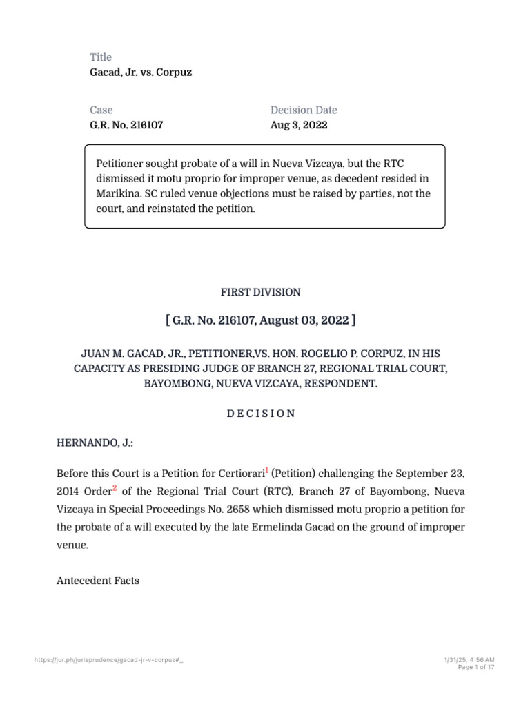 G.R. No. 216107 - Gacad, Jr. vs. Corpuz | PDF | Probate | Jurisdiction