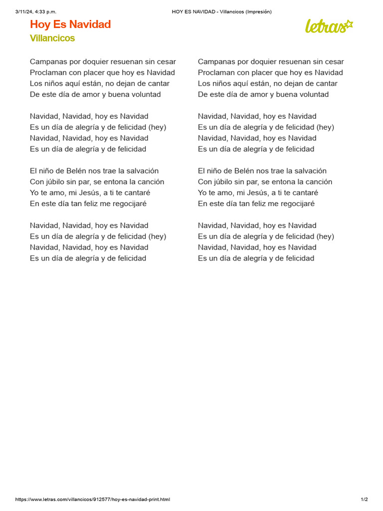 HOY ES NAVIDAD - Villancicos (Impresión) | PDF