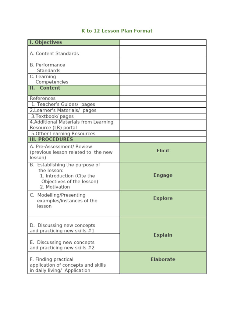 K To 12 Lesson Plan Format | PDF