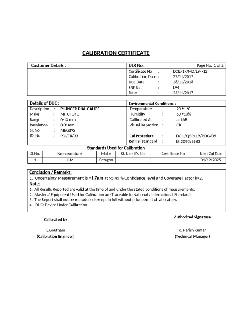 Dimension Certificate Dial Gauge | PDF | Calibration | Metrology