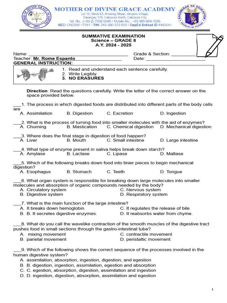 Summat Ive Exam in SCIENCE 8 | PDF | Human Digestive System | Digestion