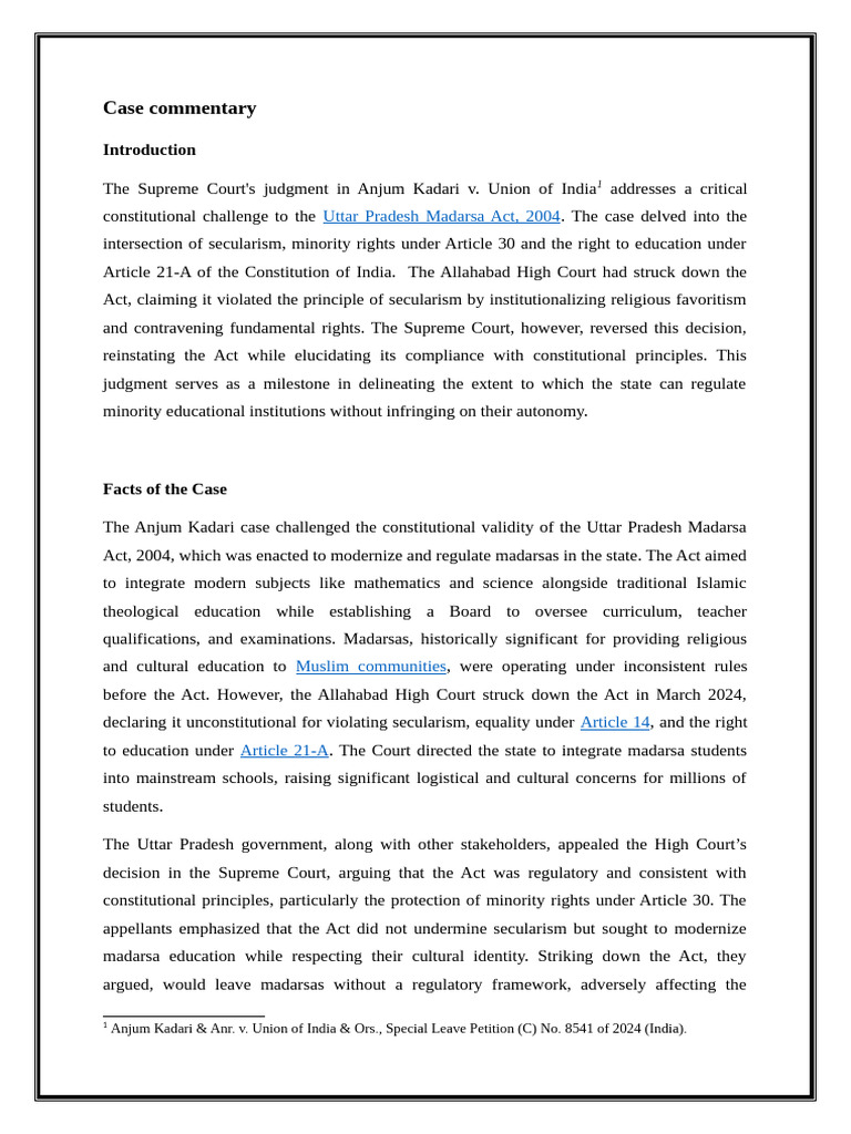 Case Commentary - Anjum Kadari v. Union of India | PDF | Supreme Court ...