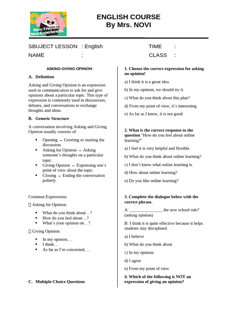 Asking-Giving Opinion | PDF | Educational Technology | Learning