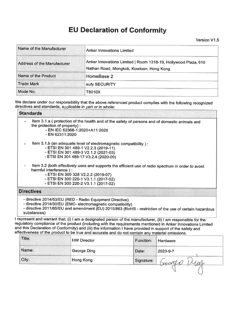T8010X - EU Declaration of Conformity V1.5 - 300220-2 V3.1.1 | PDF