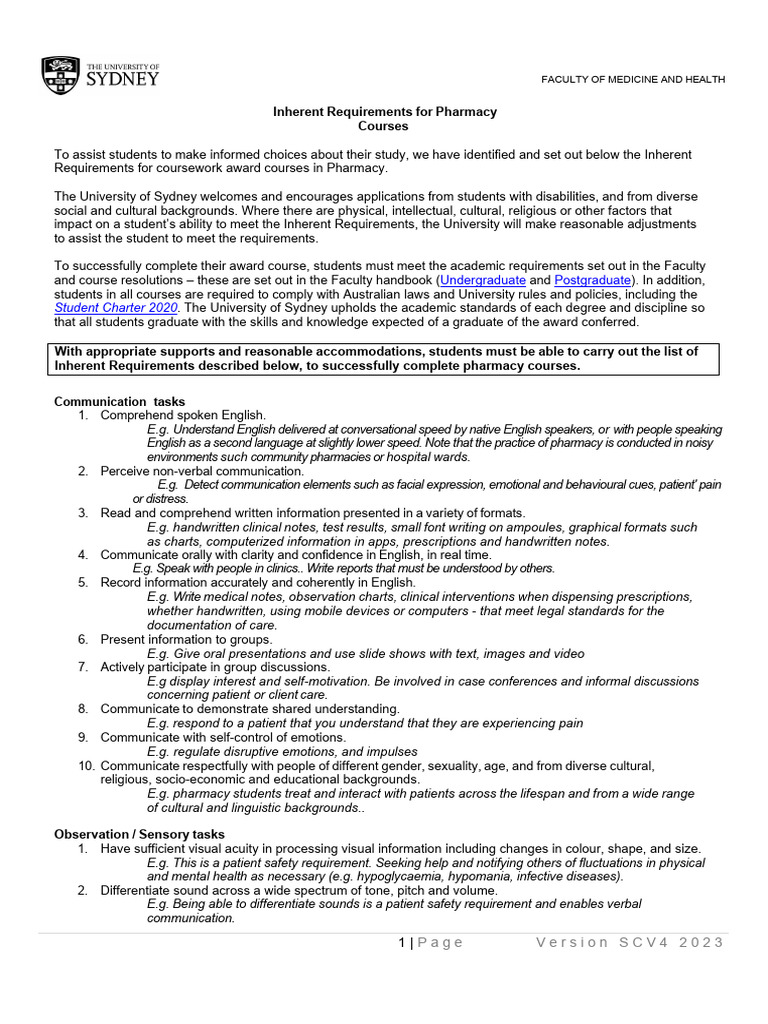 Pharmacy Inherent Requirements | PDF | Communication | Pharmacy