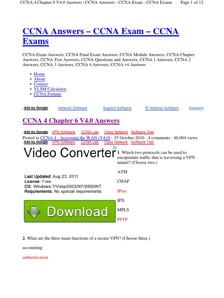 CCNA 4 Chapter 6 V4.0 Answers | PDF | Virtual Private Network | Cisco ...