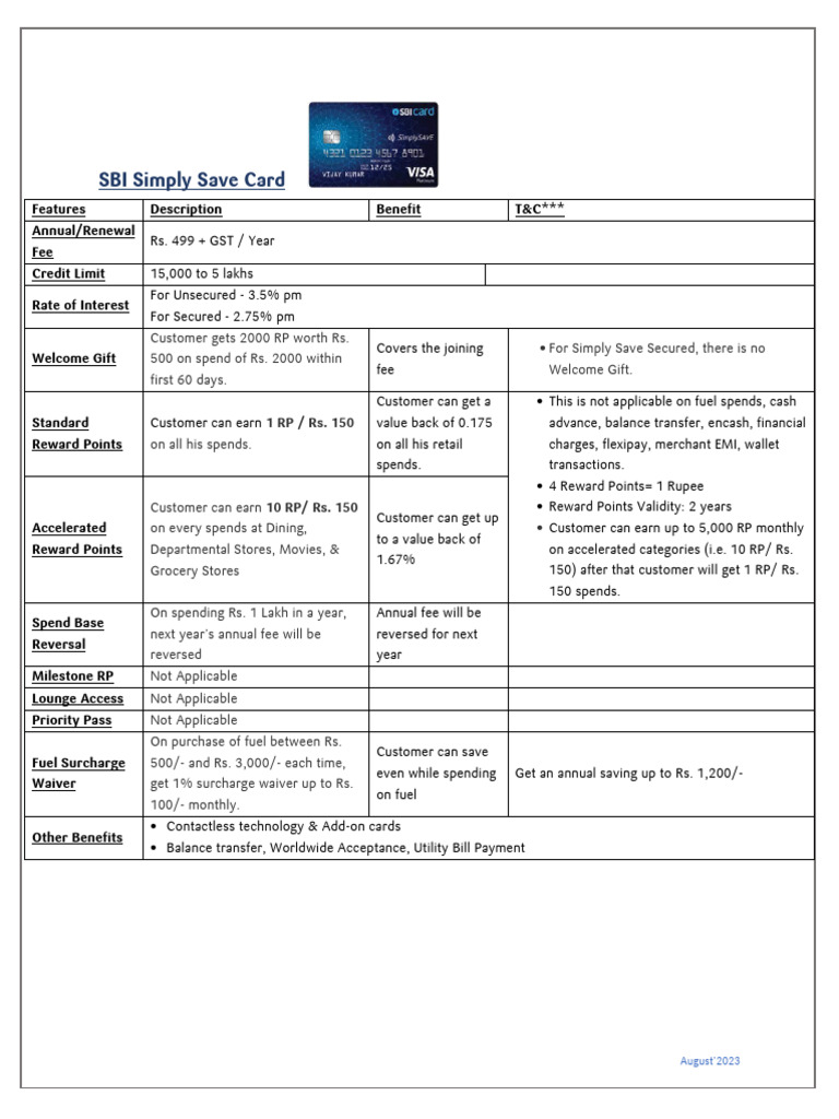 SBI Simply Save Card Features & Benefits | PDF | Fee | Loyalty Program