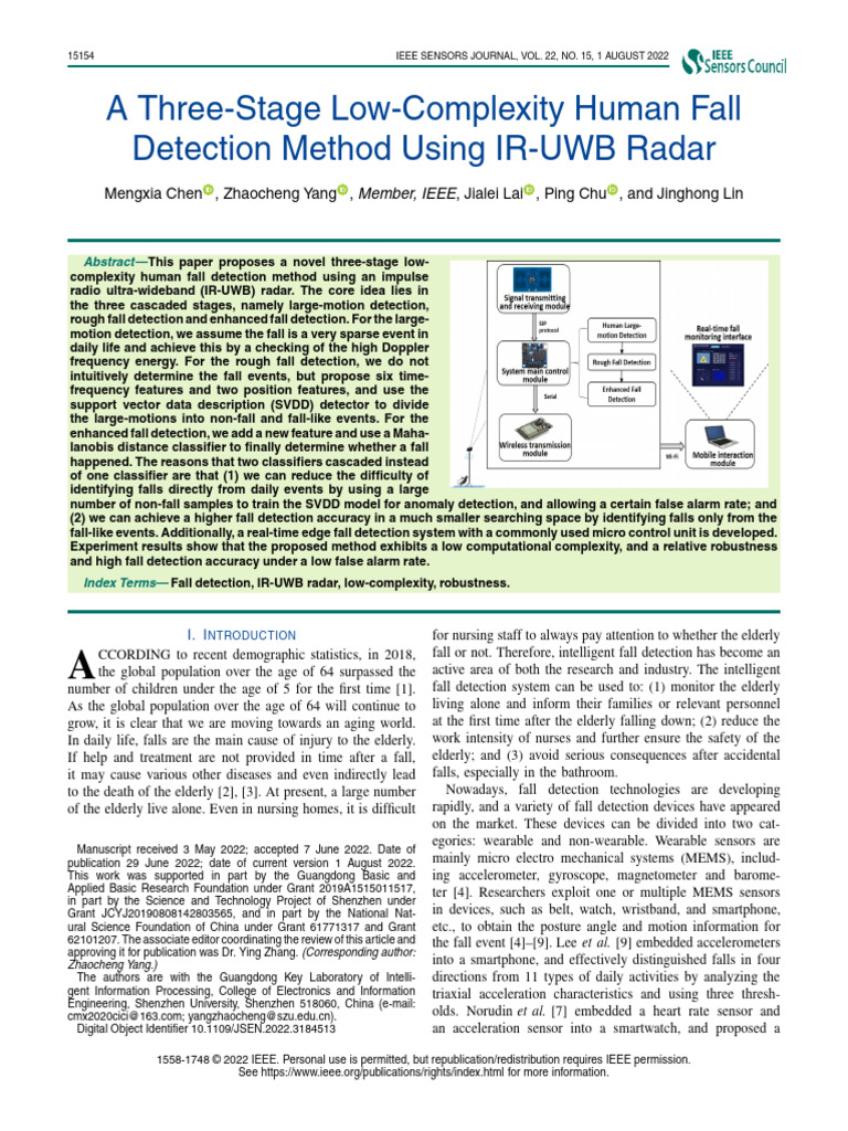 A Three-Stage Low-Complexity Human Fall Detection Method Using IR-UWB Radar | PDF | Radar | Sensor