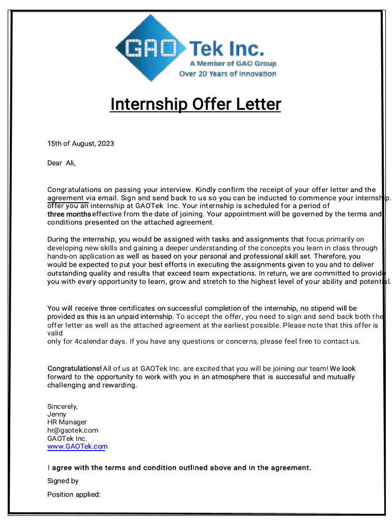 Internship Offer Letter from GAOTek Inc. | PDF