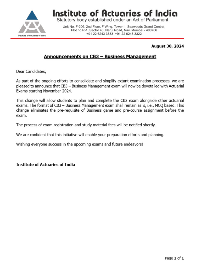 Announcement On CB3 Exam | PDF