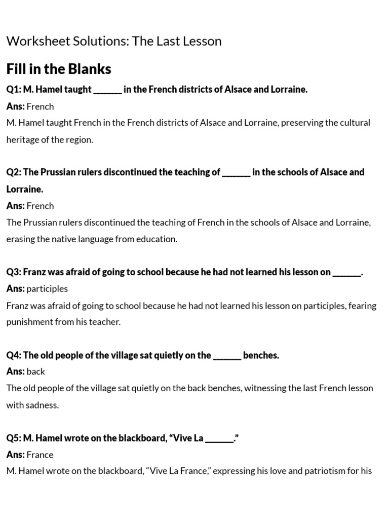 Worksheet Solutions - The Last Lesson | PDF | Reason