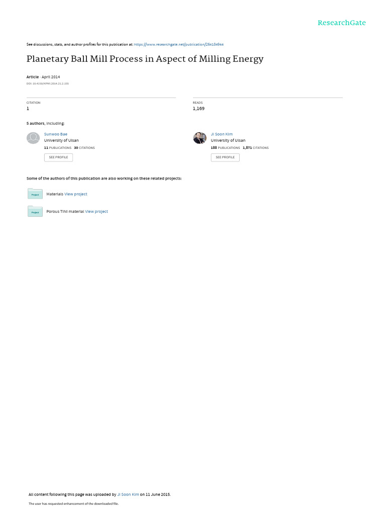 Planetary Ball Mill Process in Aspect of Milling Energy | PDF ...