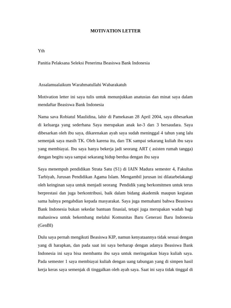 Surat Motivasi Beasiswa Bank Indonesia | PDF