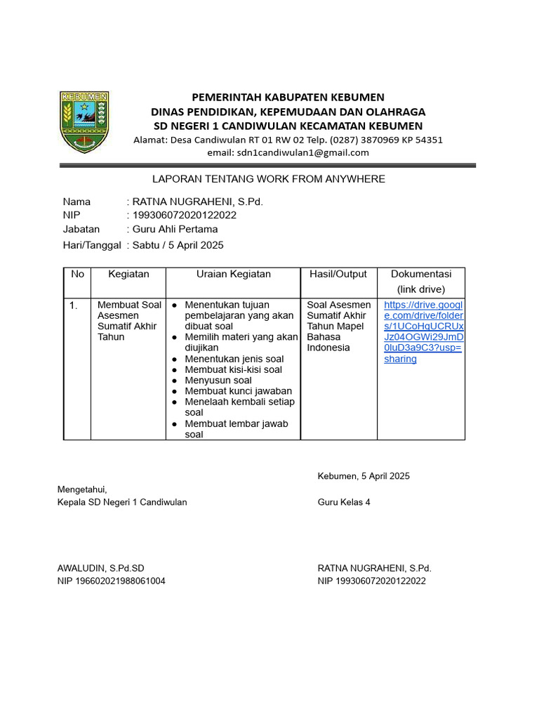 LAPORAN WFA RATNA_5 APRIL 2025.docx | PDF