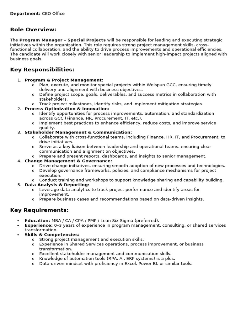 CEO OFFICE - Program Manager | PDF | Project Management | Governance