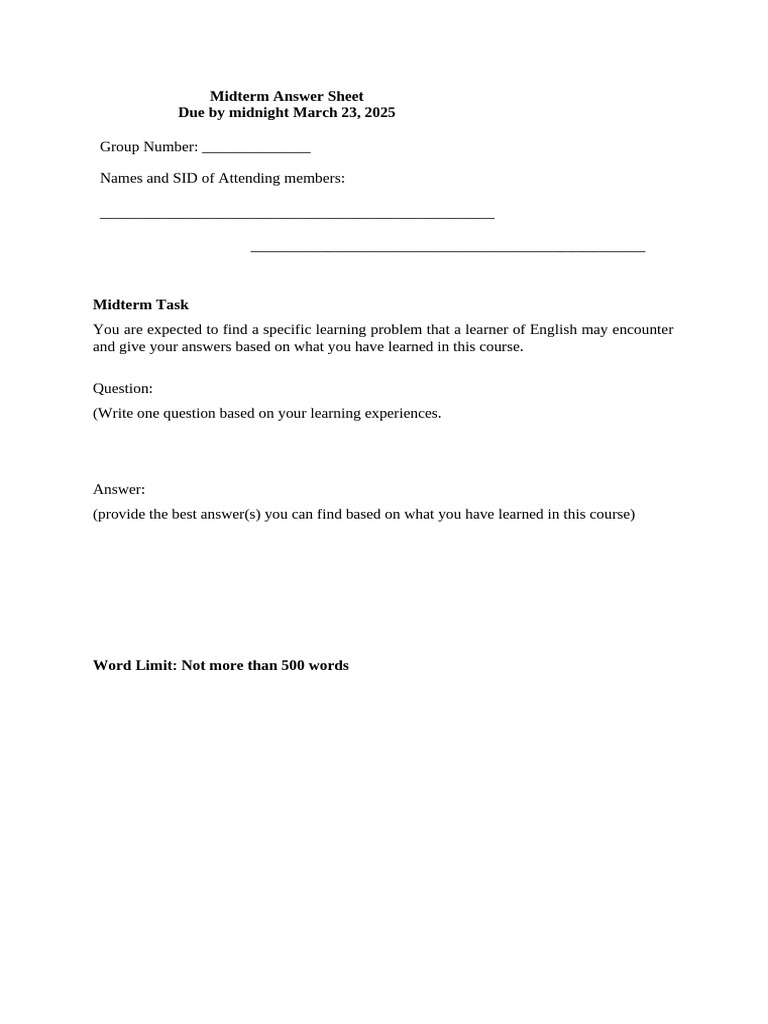 Midterm Answer Sheet 1-1 | PDF