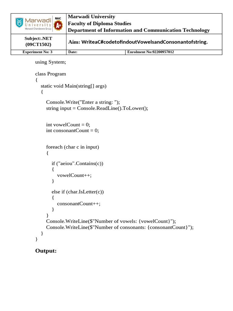 C# Code to Count Vowels and Consonants | PDF