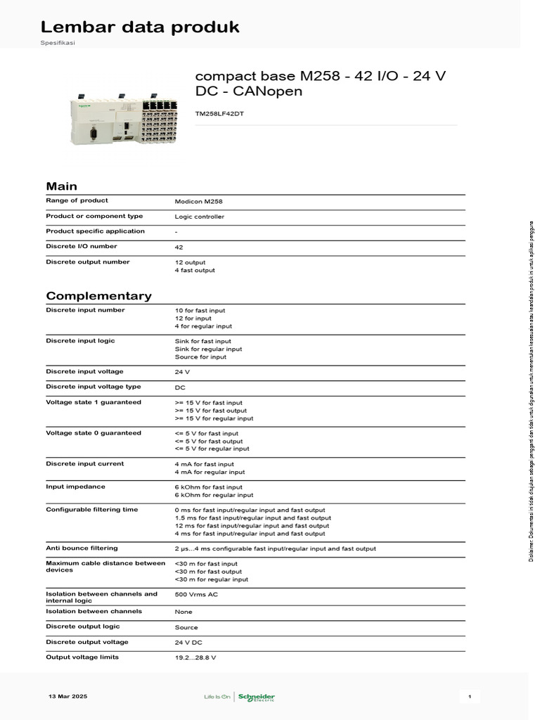 Schneider Electric Logic Controller Modicon M258 TM258LF42DT | PDF | Programmable Logic ...