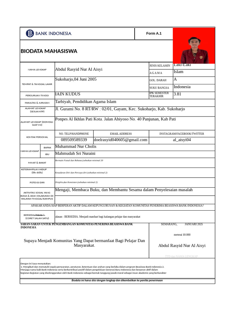 Biodata Mahasiswa Beasiswa Bank Indonesia | PDF