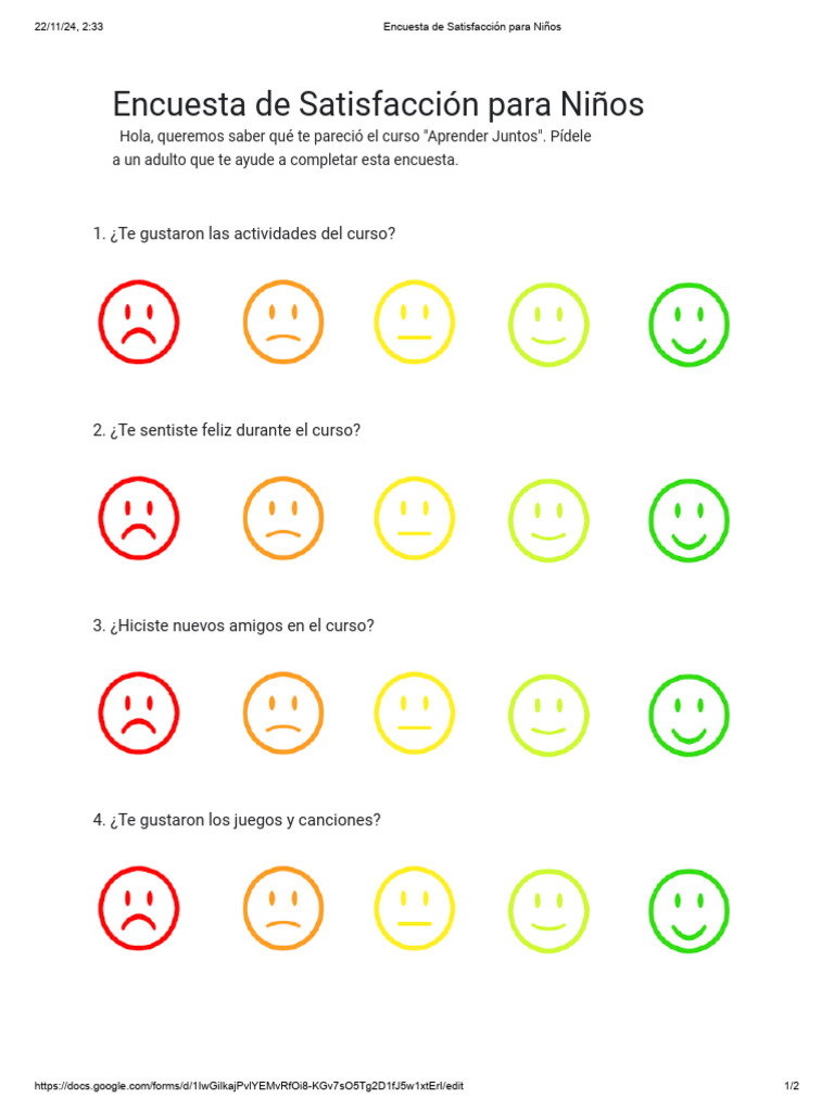 Encuesta de Satisfacción para Niños - Formularios de Google | PDF