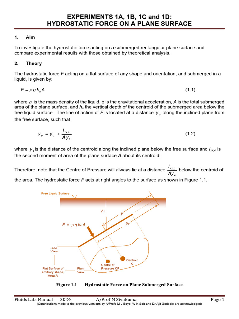 ENGG252 Fluids Lab Manual - 2024 - Exp-1 - Hydrostatics | PDF | Force | Pressure