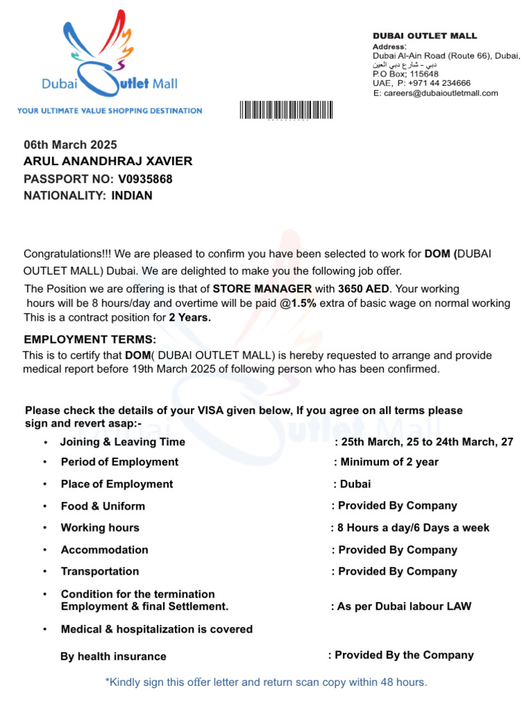 MR Arul Anandhraj Xavier Offer Letter | PDF | Labour Law | Employment