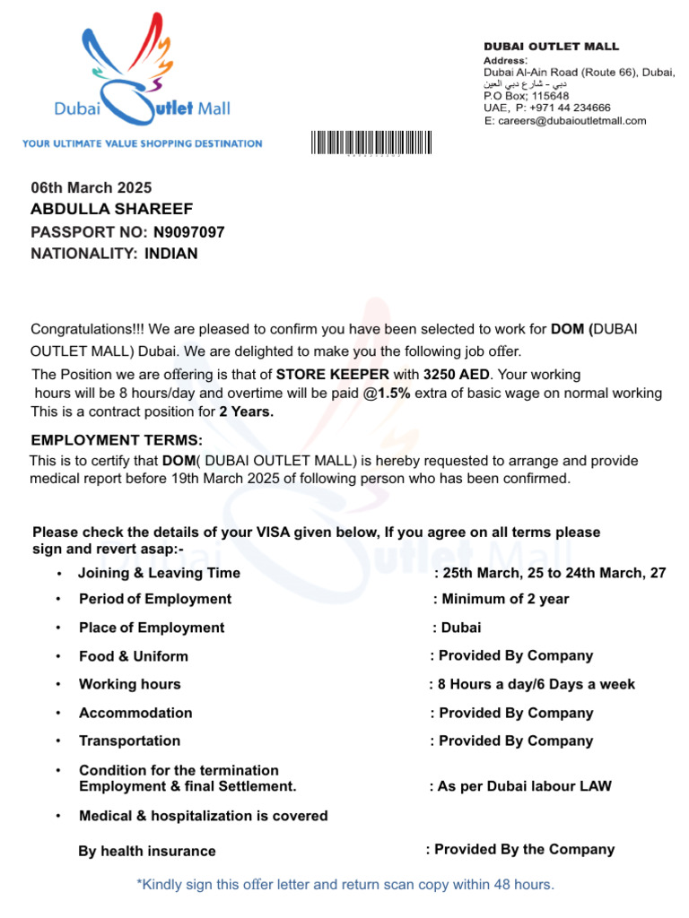 MR Abdulla Shareef Offer Letter | PDF | Labour Law | Employment
