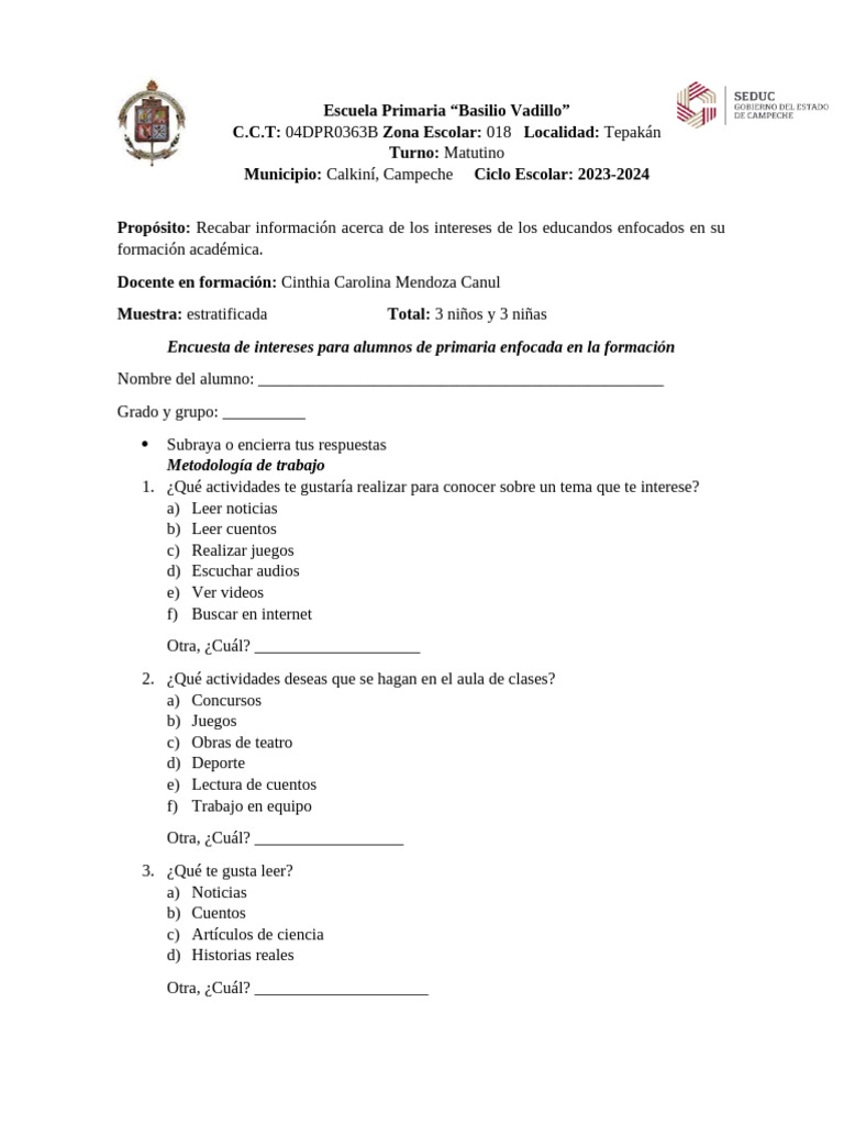 Encuesta de Intereses para Alumnos de Primaria Enfocada en La Formación ...