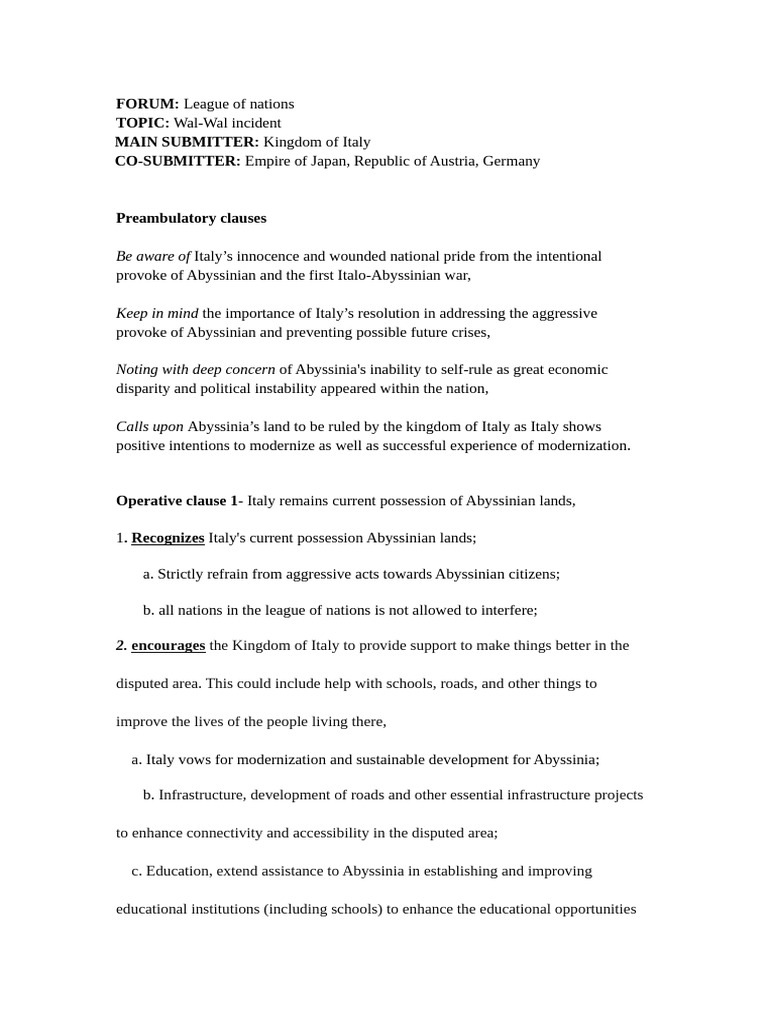 Wal-Wal Incident Italy Stance Resolution1 | PDF | Treaty | League Of ...