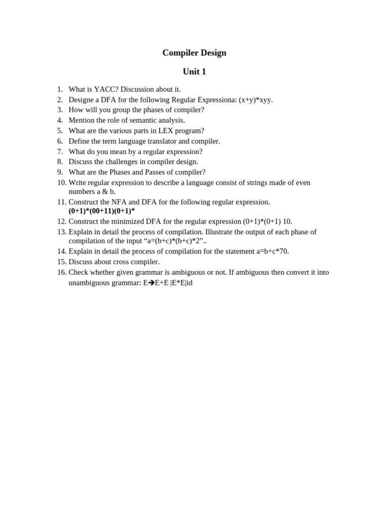 Compiler Design unit 1 Quiz | PDF