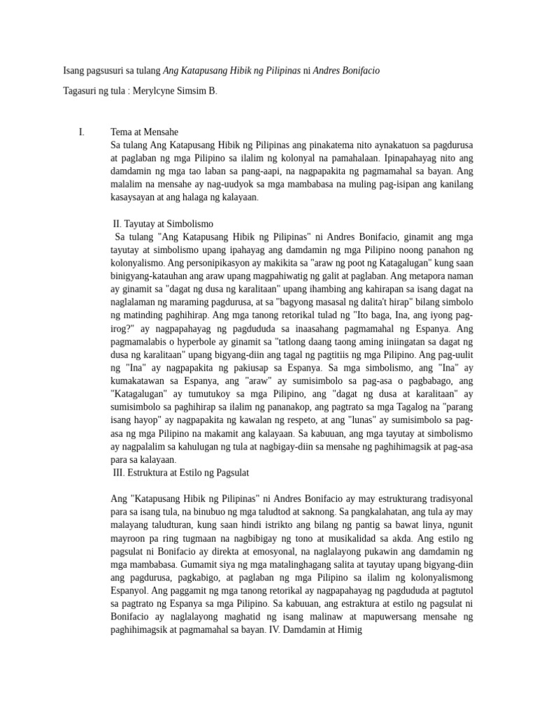 Pagsusuri NG Tula - Hibik NG Pilipinas | PDF