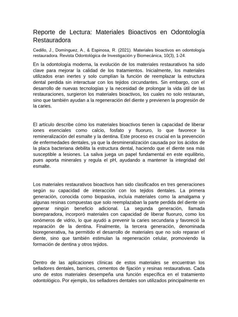 Materiales Bioactivos en Odontología | PDF | Diente | Odontología