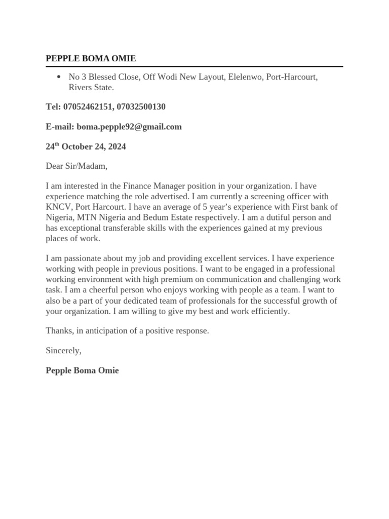Boma Pepple (Cover Letter) | PDF