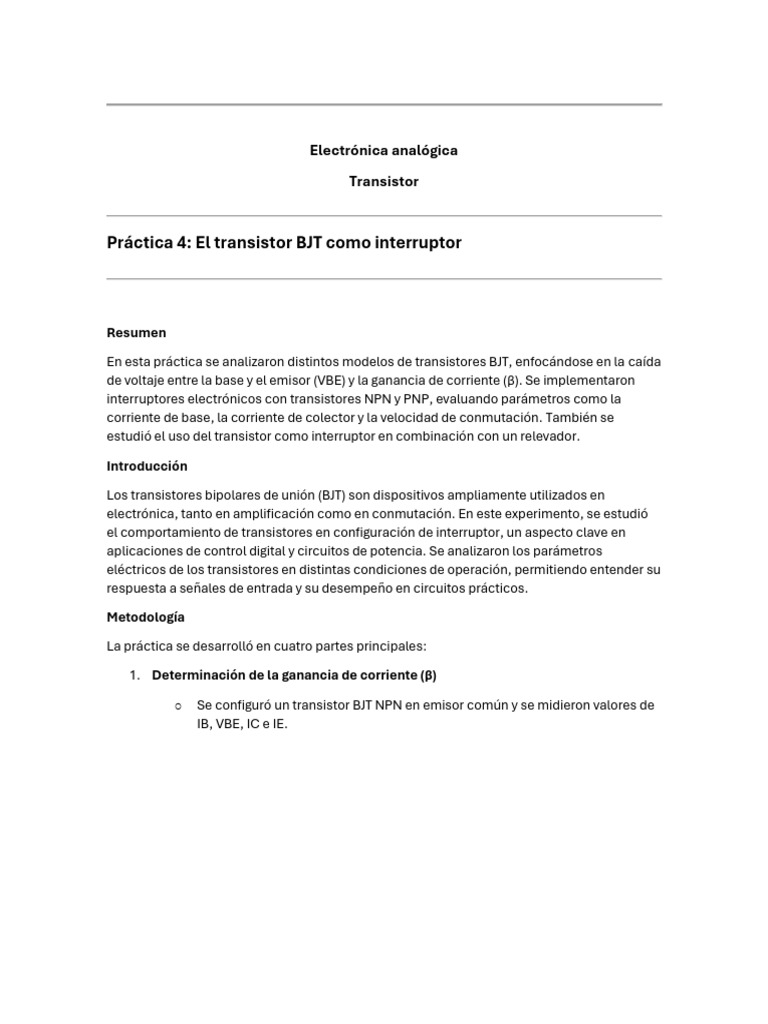 Practica 4 El Transistor BJT Como Interruptorh | PDF | Transistor de unión bipolar | Transistor