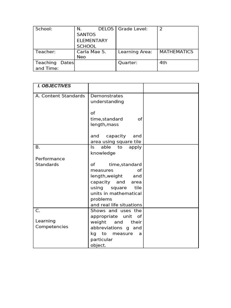 Final Demo - Lesson Plan in Math | PDF | Weight | Kilogram