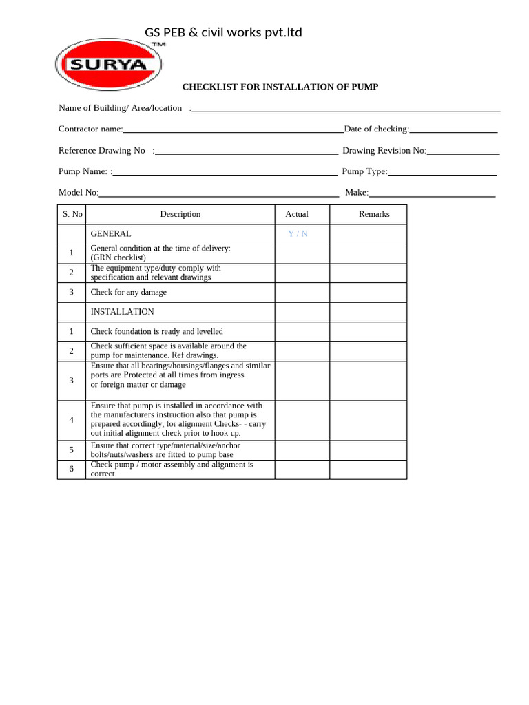 Pump Installation Checklist Guide | PDF | Pump | Equipment