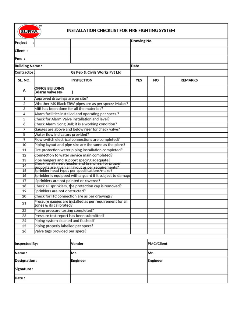 Checklist For Firefighting System | PDF | Pipe (Fluid Conveyance) | Fire Sprinkler System