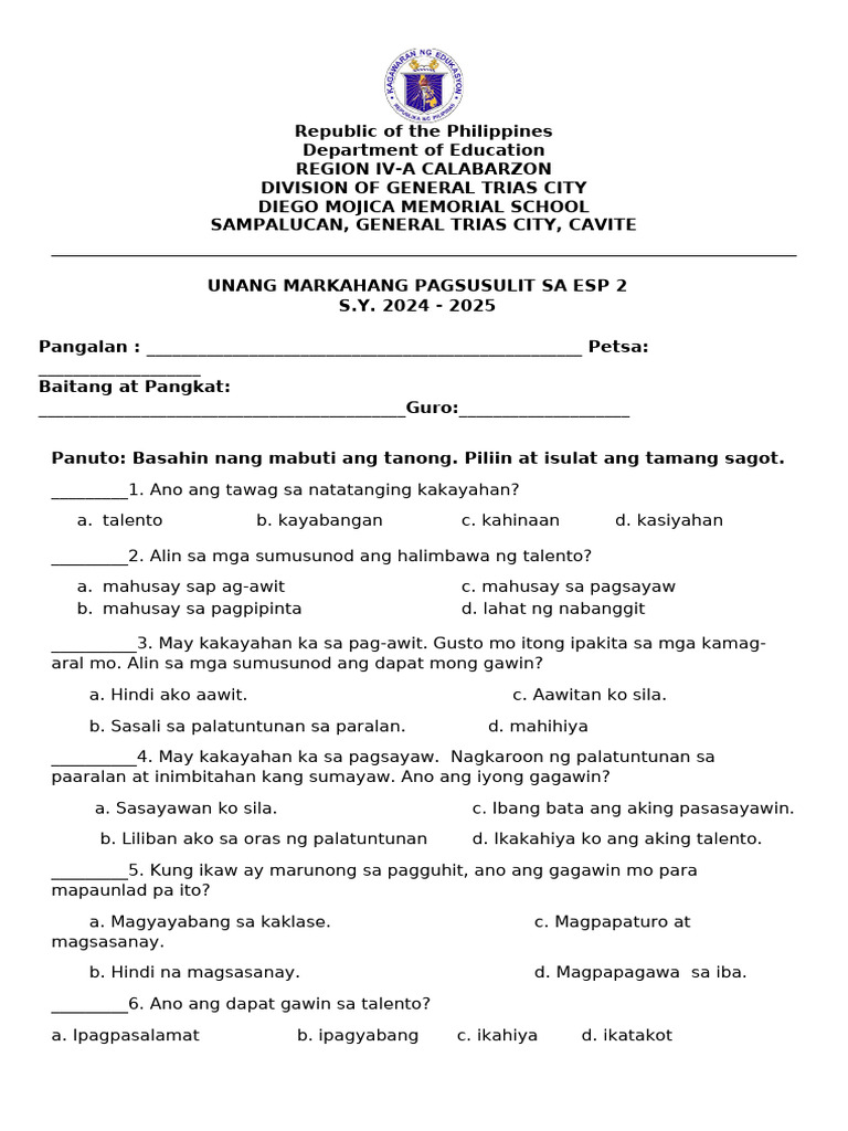ESP 2 Periodical-Test q1 | PDF