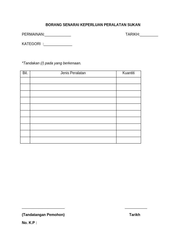 Borang Senarai Keperluan Peralatan Sukan | PDF