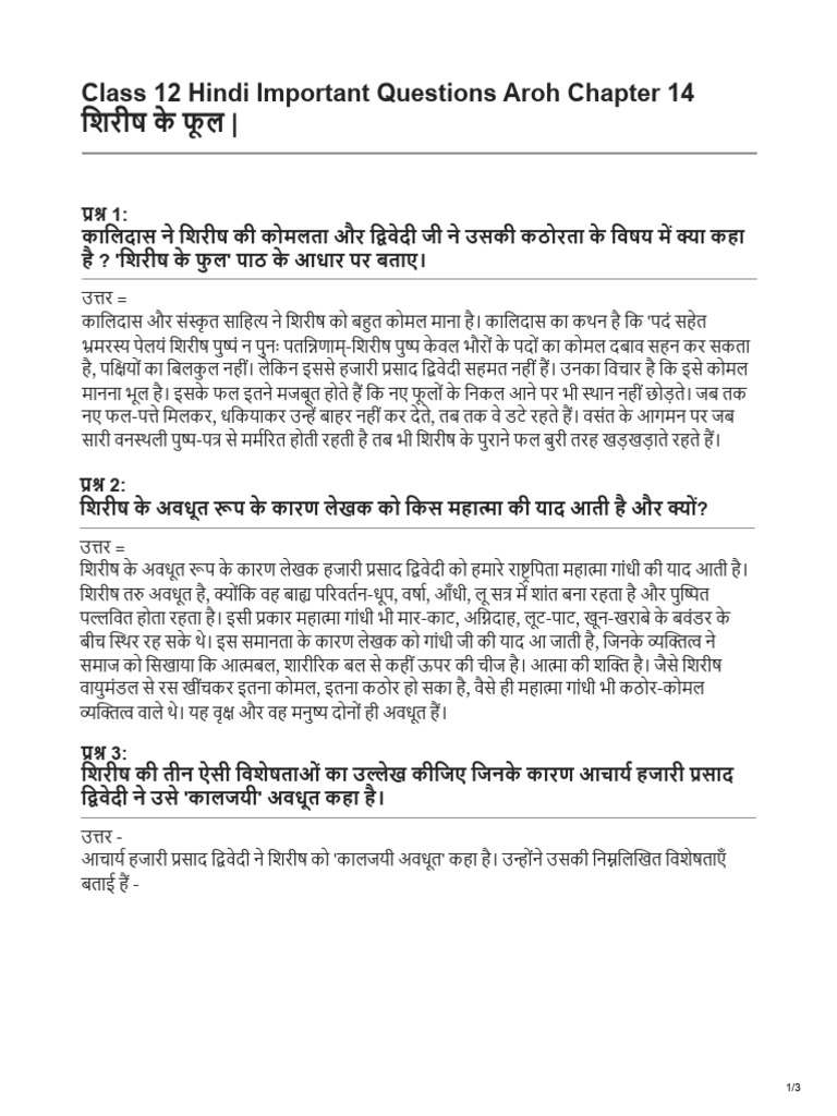 important-question-class-12-hindi-aroh-chapter-14 | PDF