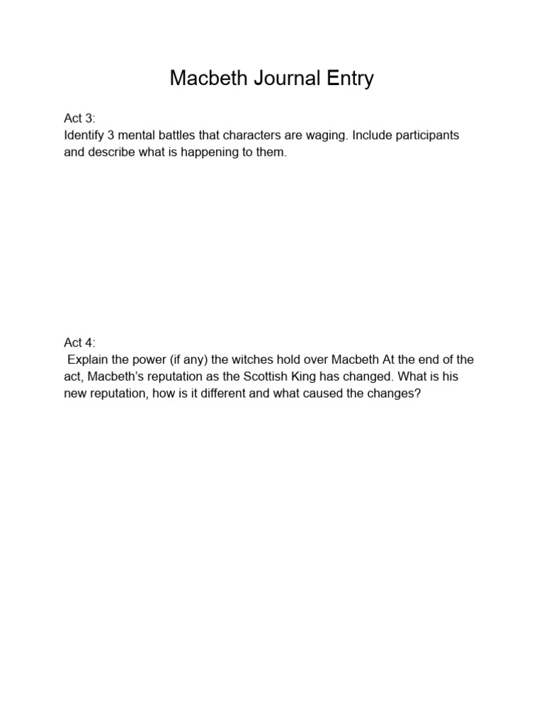 Holly Pepaj - Macbeth Journal Entry Questions Acts 3 & 4 | PDF