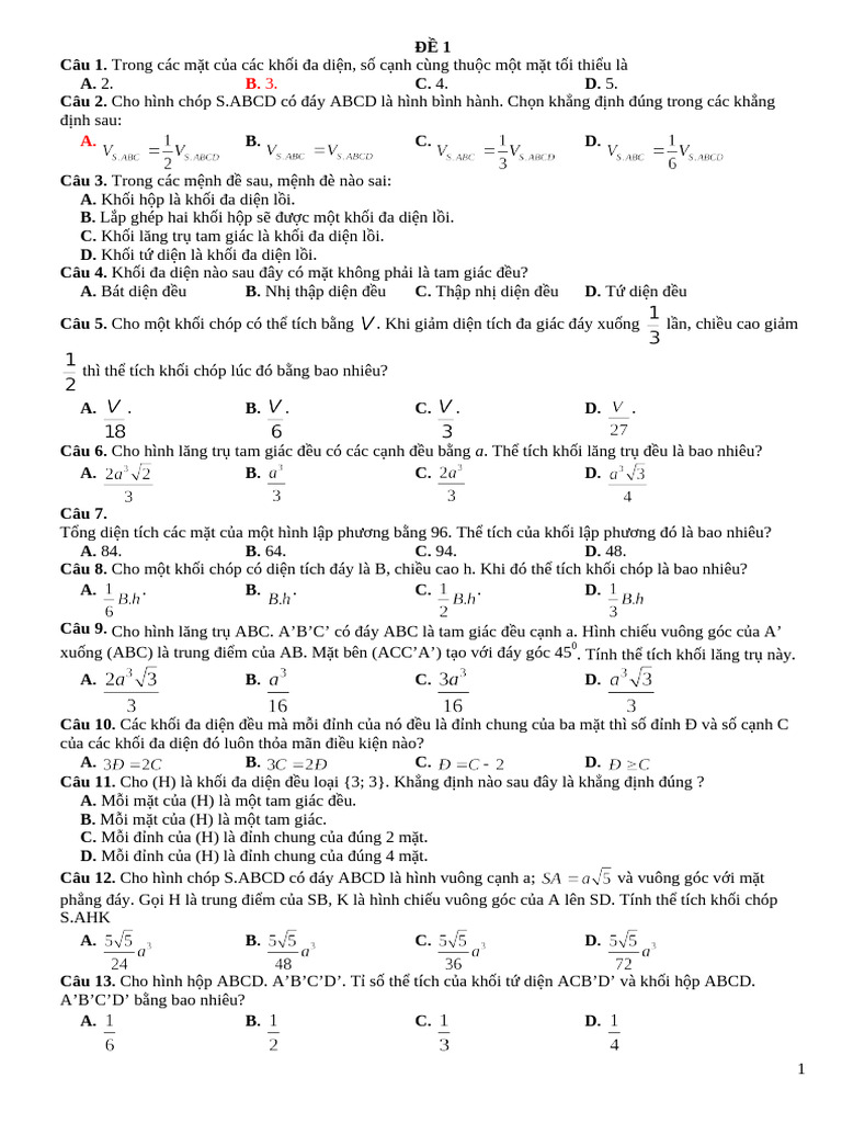 Bộ 20 ĐỀ ÔN TẬP HH 12 - CD1 | PDF