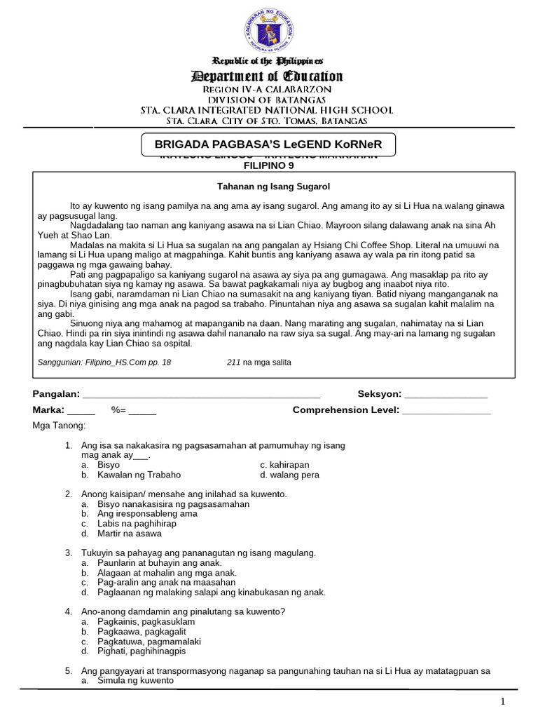 Grade 9-FILIPINO PAGBASA-Week-3-4-Q3 | PDF