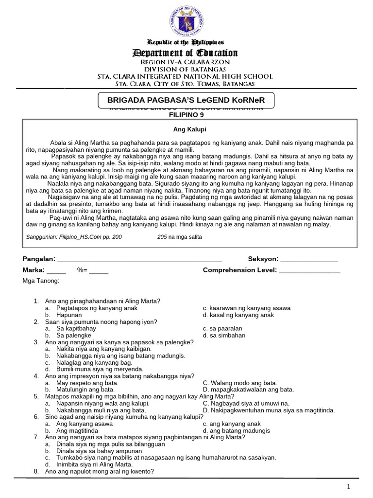 Grade 9-FILIPINO PAGBASA-Week5-6-Q3 | PDF