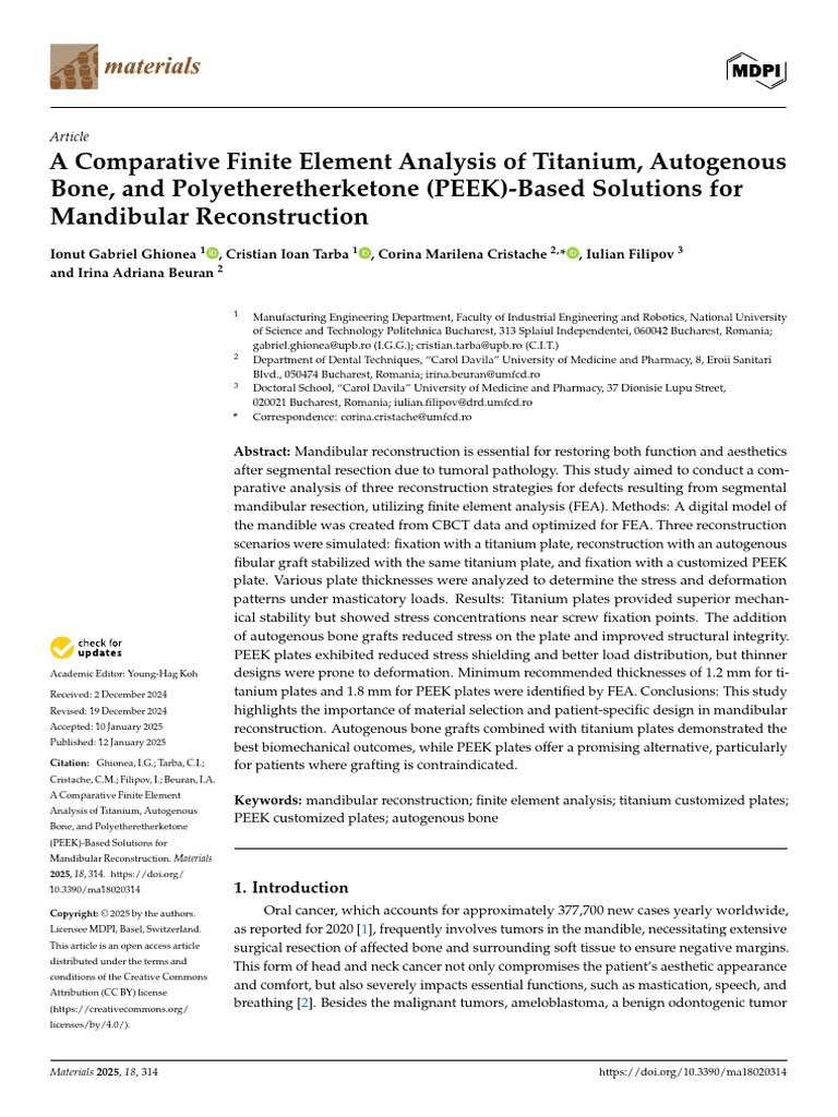 A Comparative Finite Element Analysis of Titanium, Autogenous Bone, and Polyetheretherketone ...