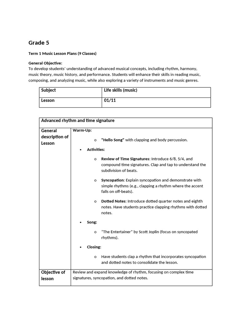 Grade 5 Music Lesson Plan | PDF | Classical Period (Music) | Tempo