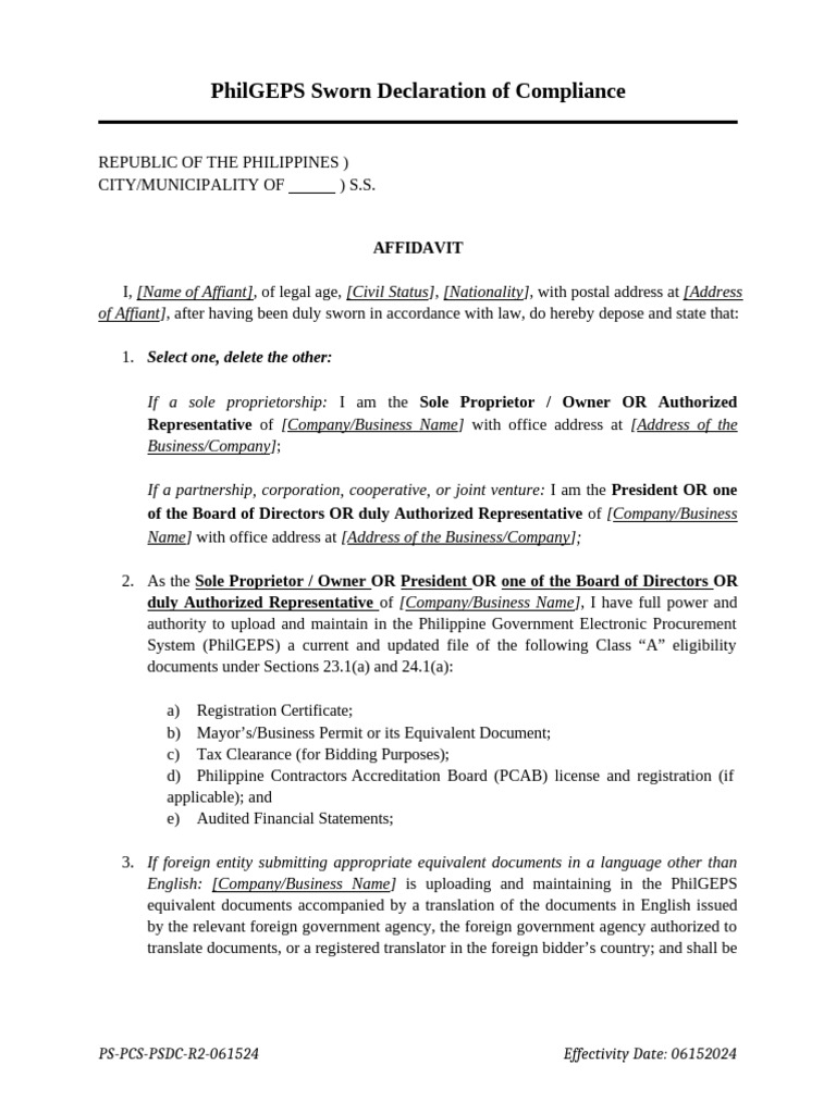 PhilGEPS Sworn Declaration of Compliance - Registered | PDF | Sole ...