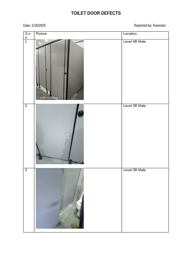 Toilet Door Defects Report 2025 | PDF