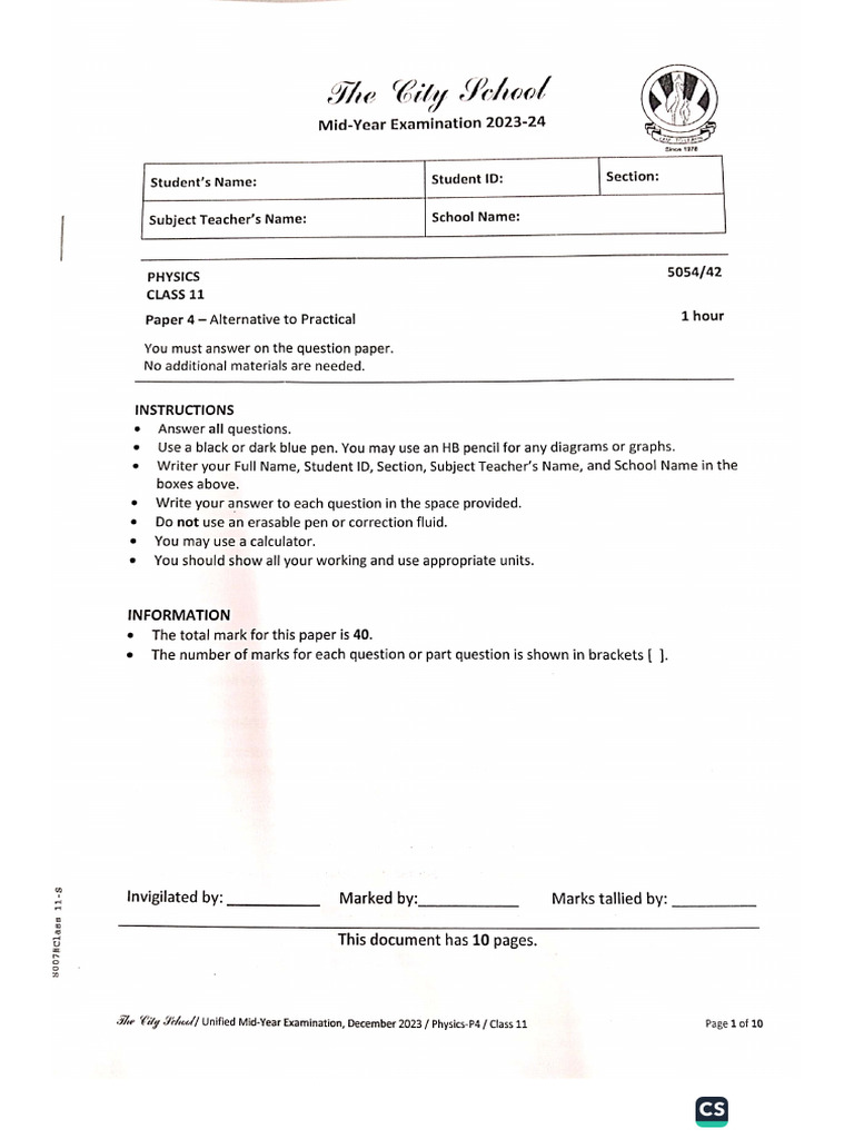 MYE 2023-24 (Physics, p4, Class-11) | PDF